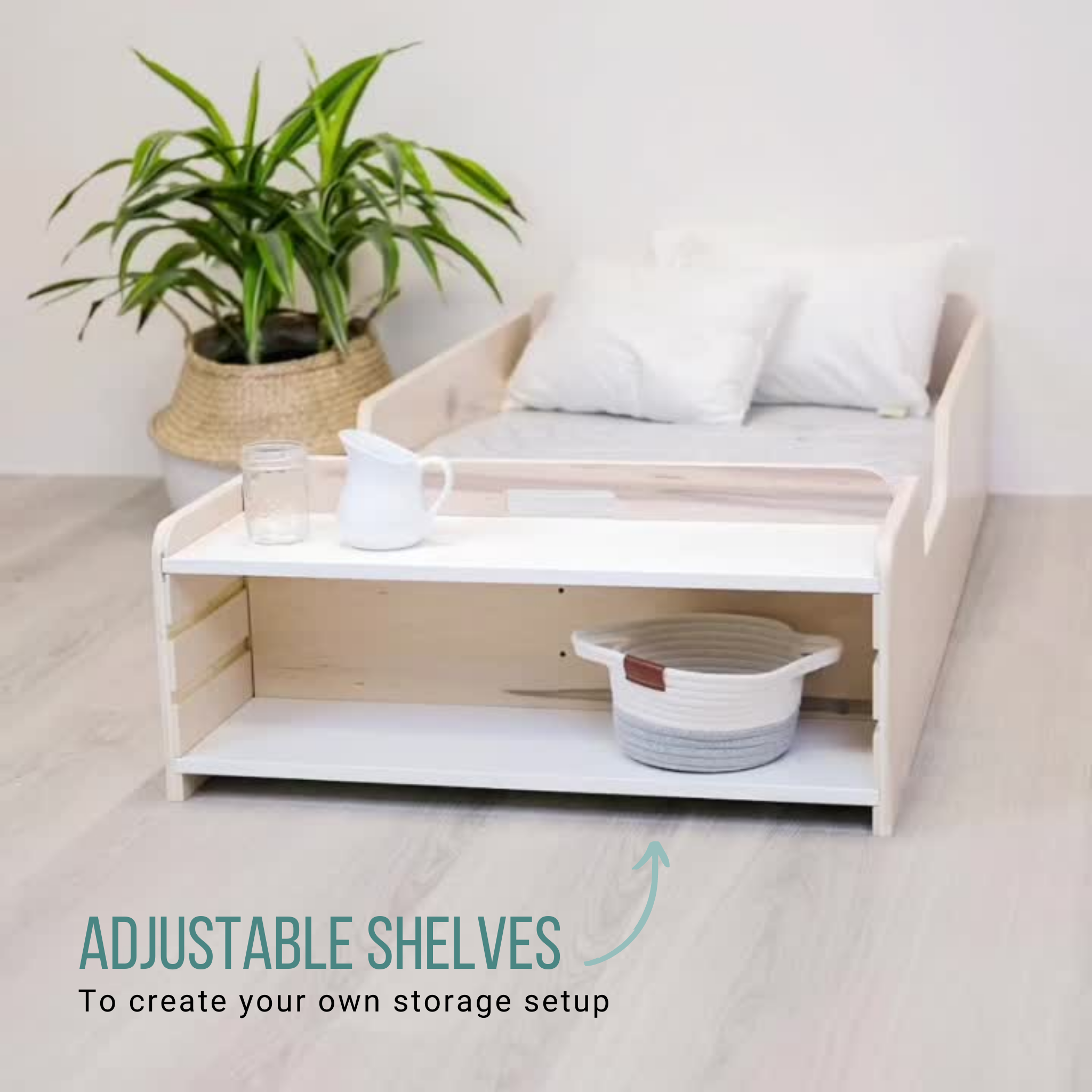 APPLE - Montessori Floor Bed with Rails & Shelves. – Sapiens Child